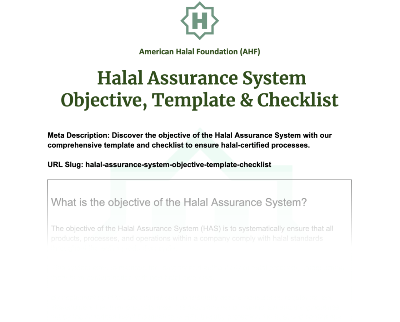 Halal Assurance System Objective, Template & Checklist - American Halal ...