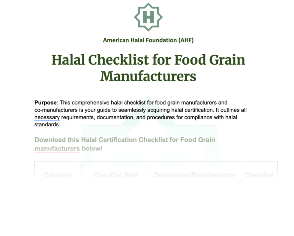 Halal Checklist for Food Grain Manufacturers - American Halal Foundation